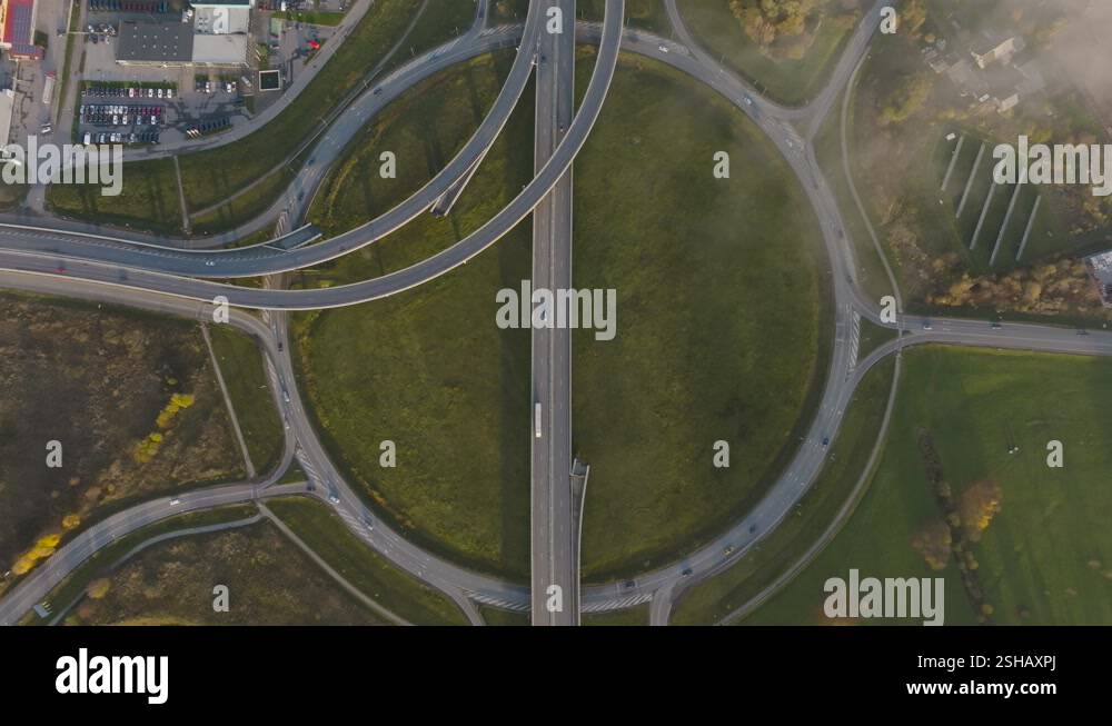 An aerial view of a large roundabout with bridges and walkways outside ...