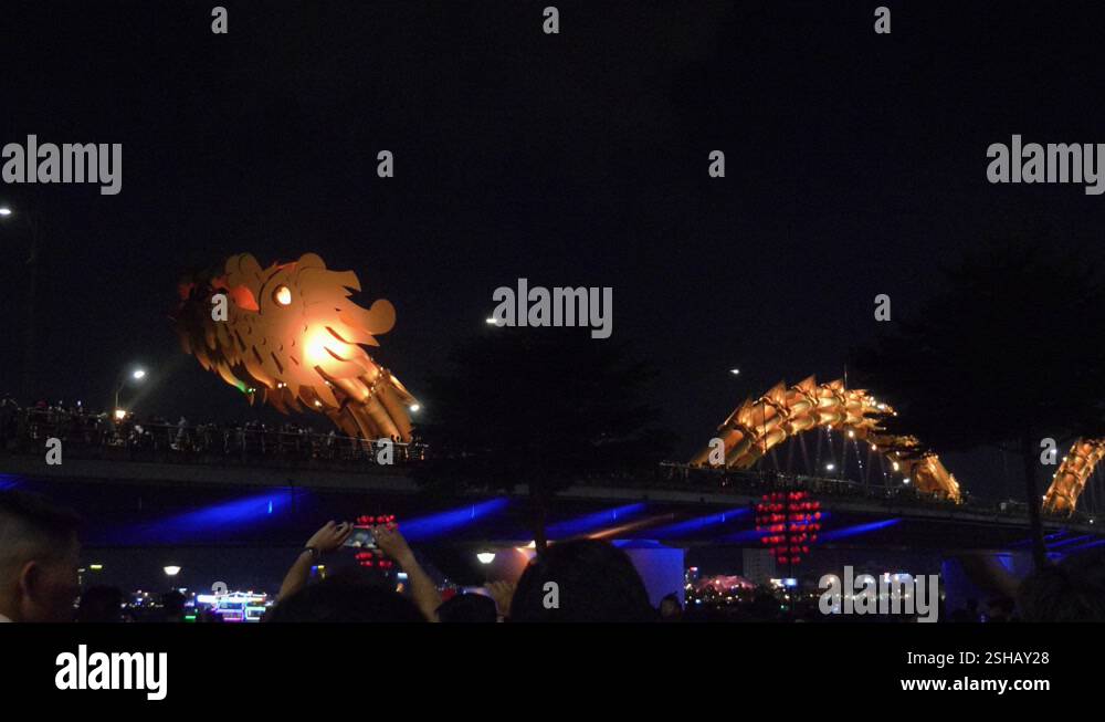 Dragon Cau Rong of Dragon Bridge in Da Nang breathes fire show at night ...