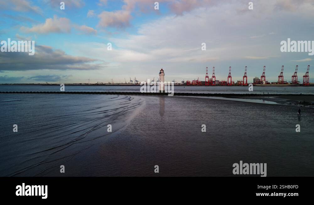 New Brighton Perch Rock Lighthouse, River Mersey, Wirral - aerial drone ...