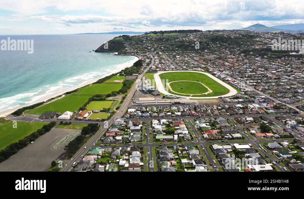 Living blocks of Dunedin city with huge green stadium, aerial drone ...