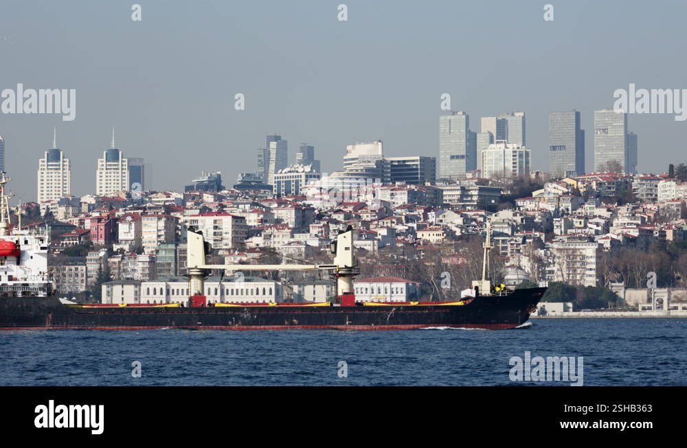 cargo ship passes by a city with glass buildings. international ...
