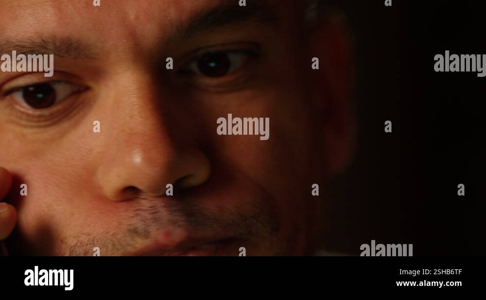 Closeup phone, eyes and mouth with a man on call for communication ...