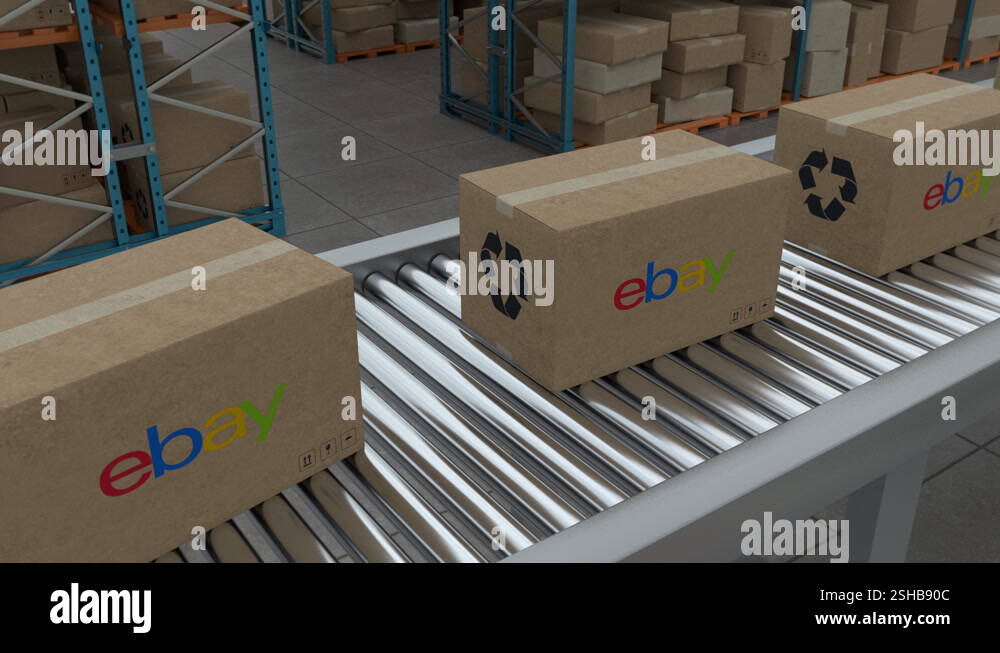 Cardboard boxes with Ebay Logo on conveyor belt line on warehouse ...