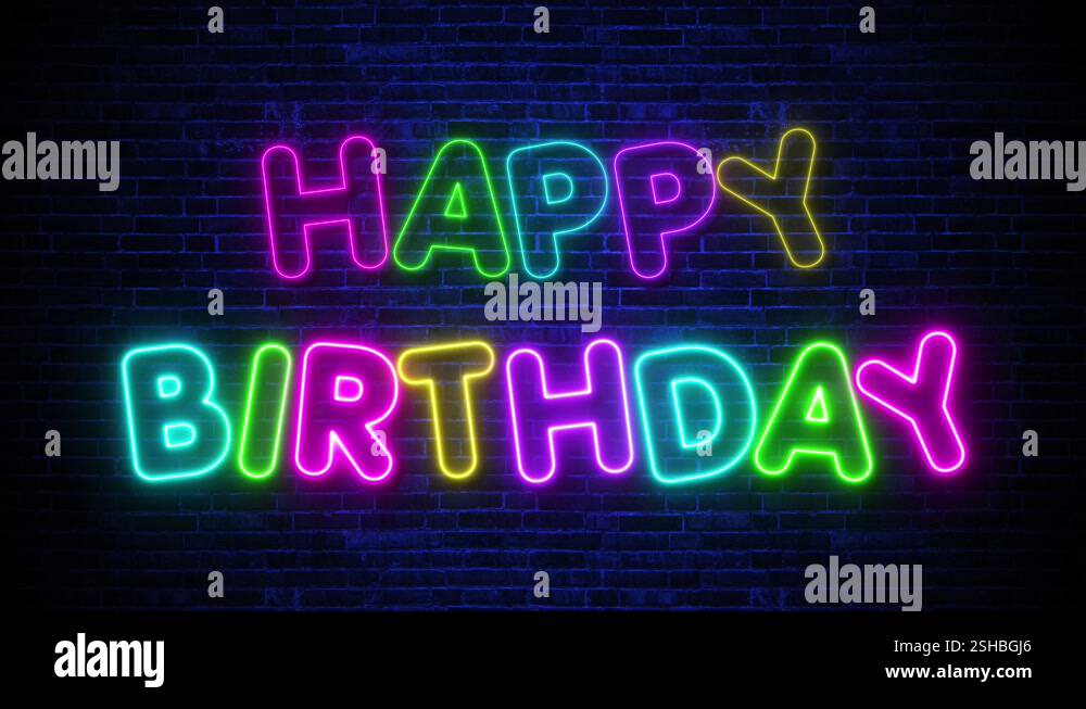 happy birthday neon lights colorful text on blue brick wall background ...