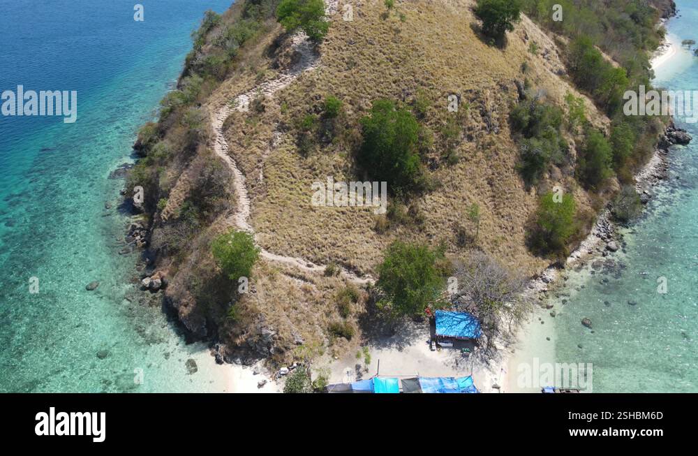 Birds Eye Aerial View of Komodo Island, Indonesia. White Sand Beach and ...