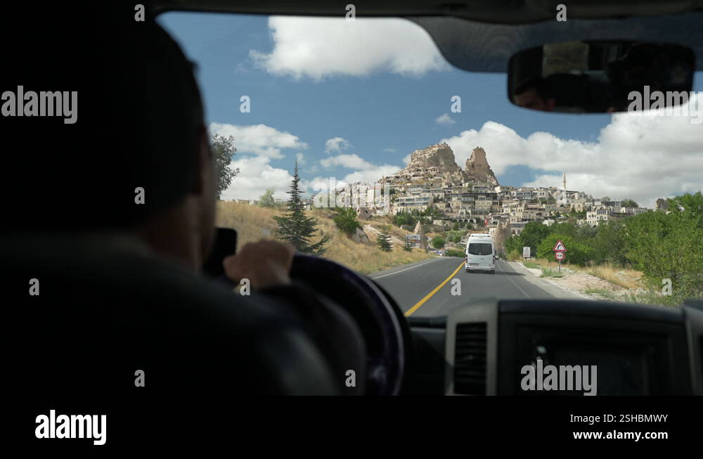 Driving on Road in Cappadocia Turkey and Approaching Uchisar Village ...