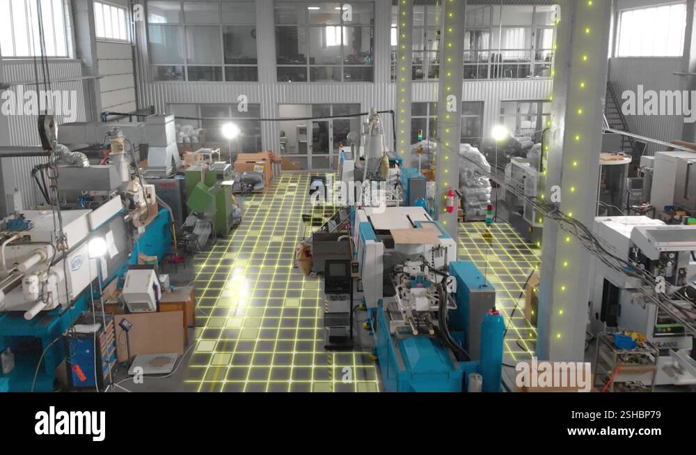 Workshop of a modern factory. Flight through the workshop of a modern ...