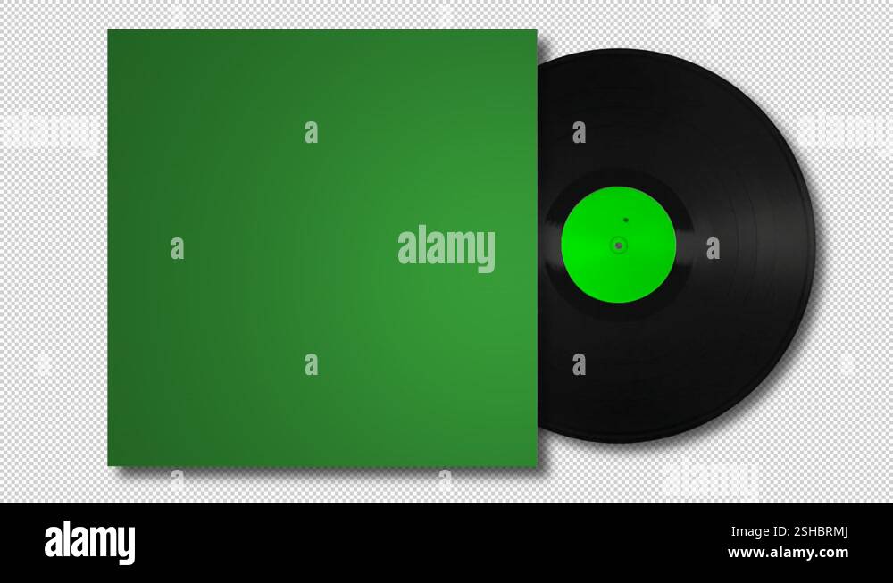 A vinyl record spinning half out of an album cover. Green screen to key ...