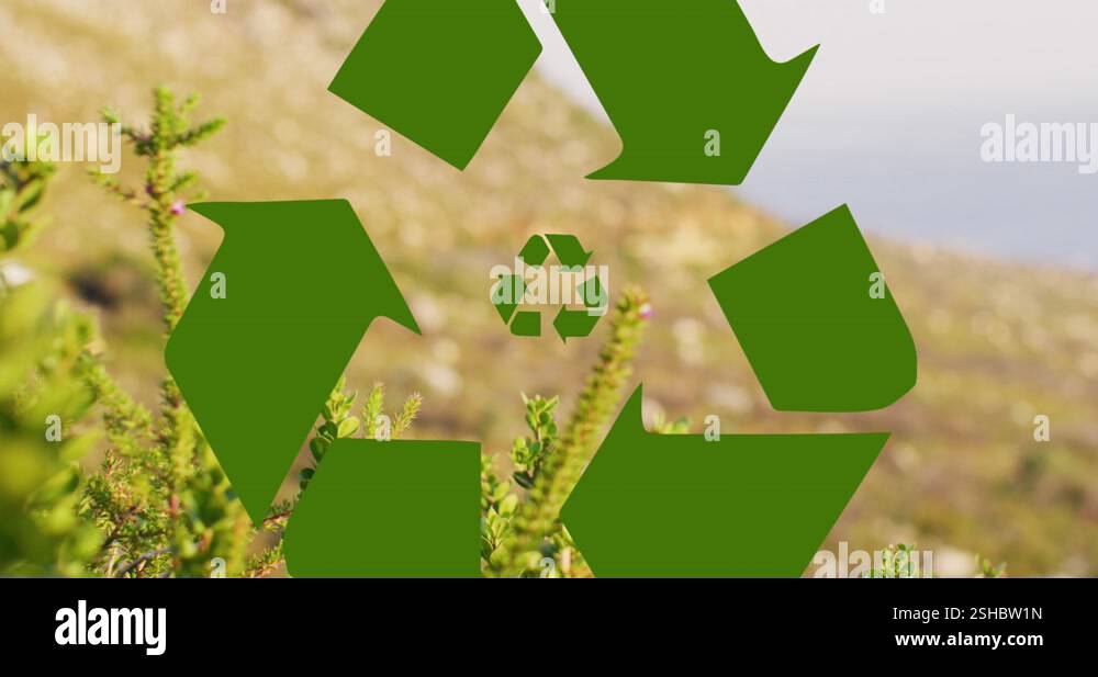 Animation of recycling, sustainability and ecology icons over landscape ...