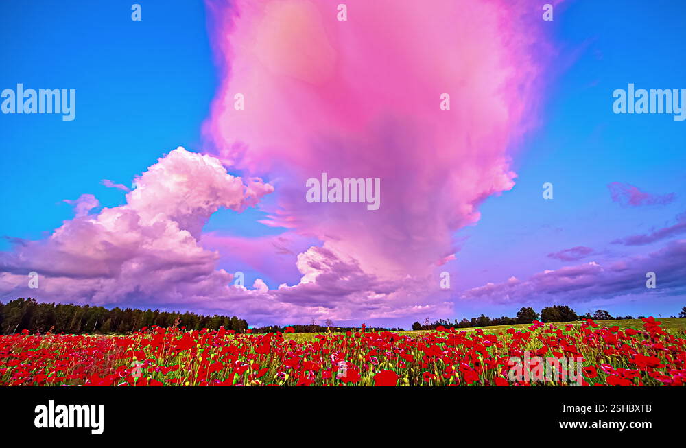 Poppy field. Reflective color sky and floating colorful clouds Stock ...