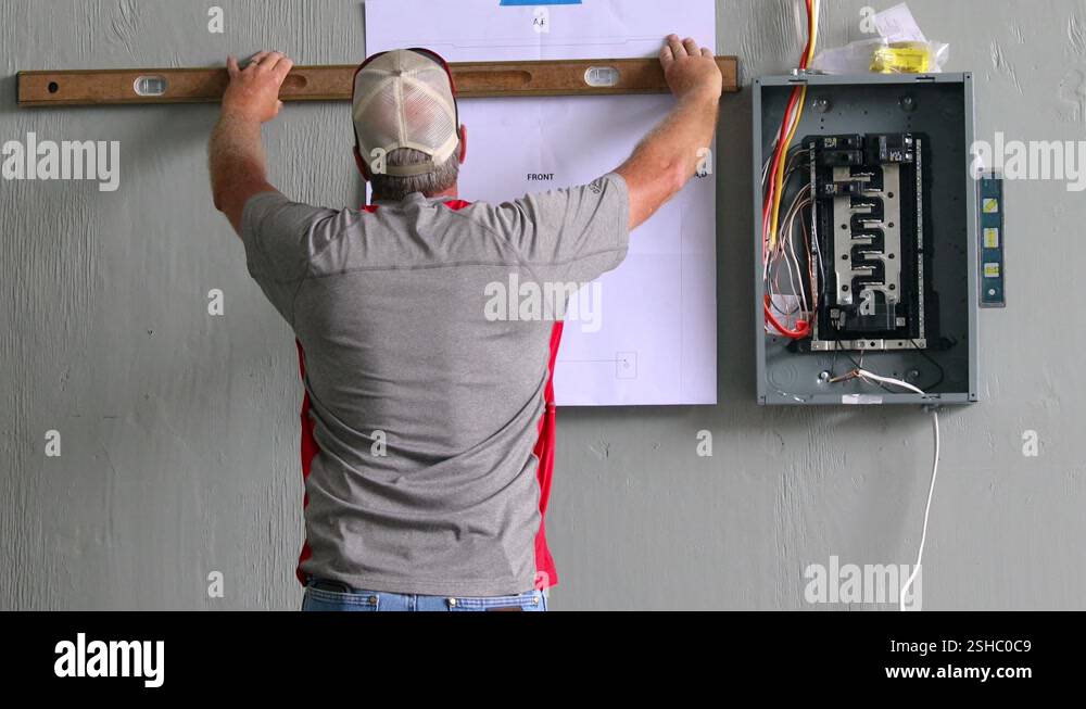 Technician using a level to find placement of control station in Stock ...