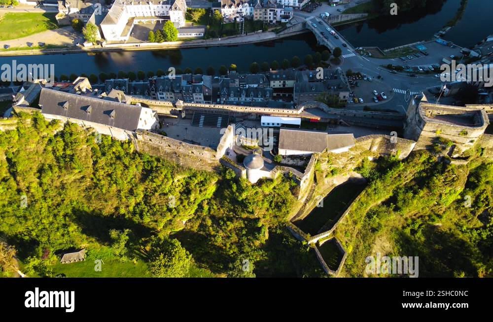 Overhead aerial view of the Castle of Bouillon in Belgium's countryside ...