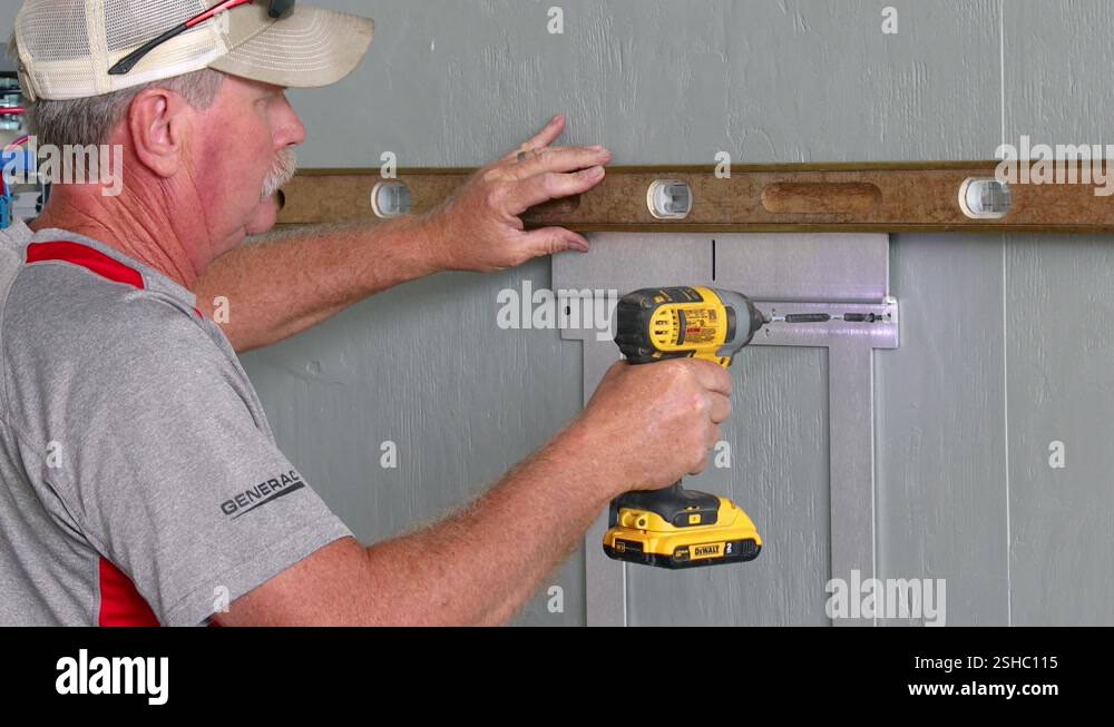 Technician using a level and drill to install the support bracket for ...