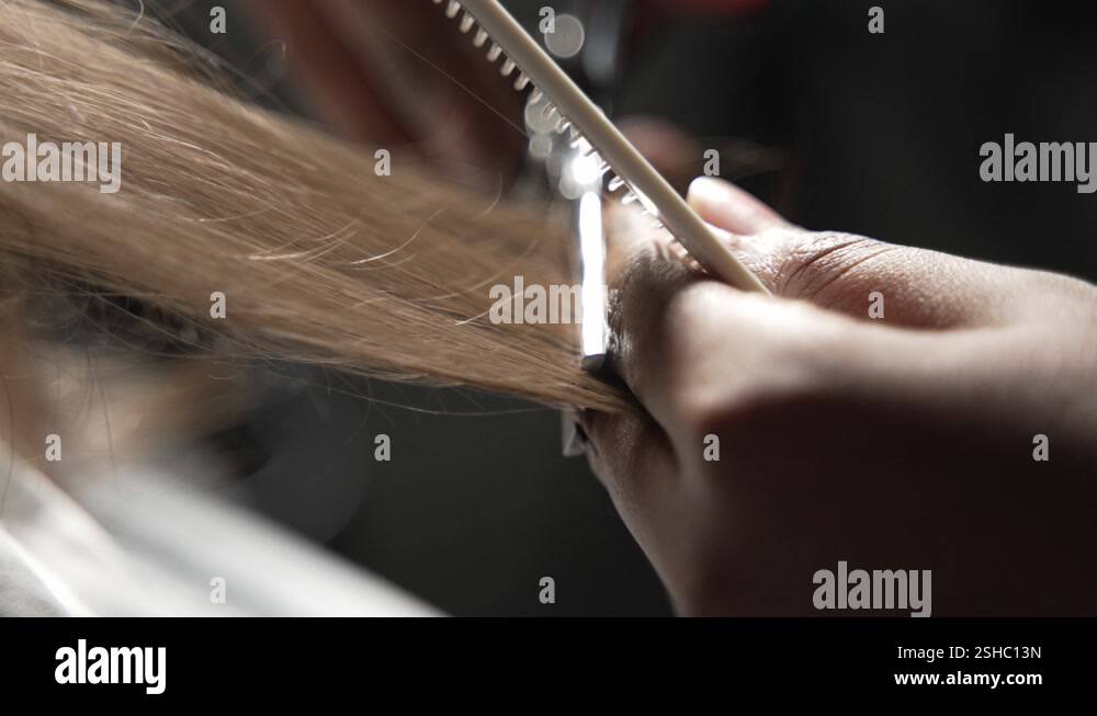 Hairdresser trimming hair with scisser Stock Video Footage - Alamy