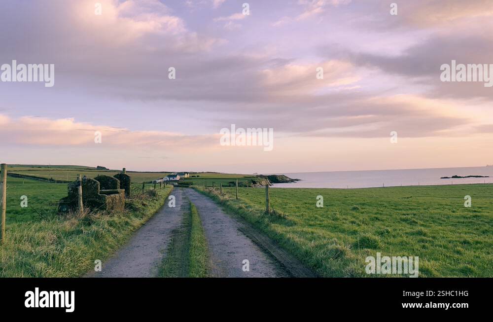 Calm winter morning on farmland Ireland with sunrise over ocean Stock ...