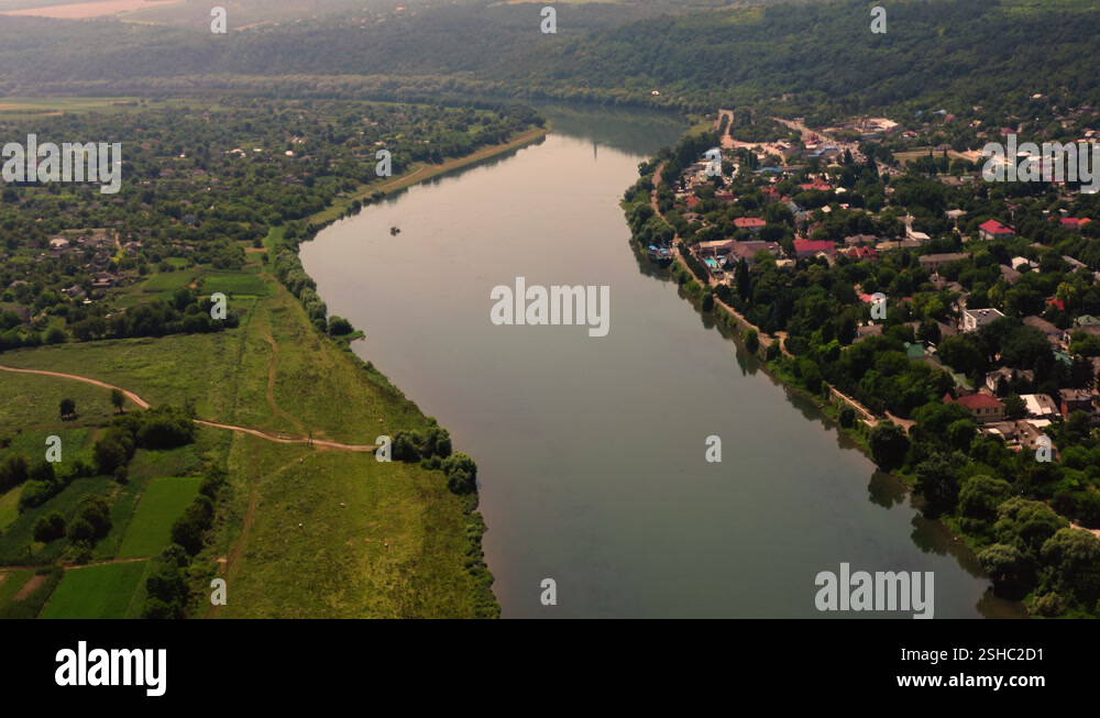 Dniester river in Moldova. Aerial drone tilt-up reveal shot of a ...