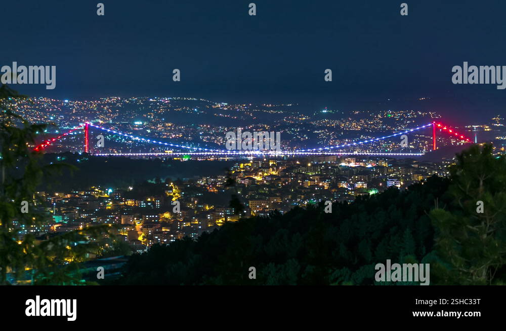 Fatih Sultan Mehmet Bridge view, connects Asia and Europe night ...