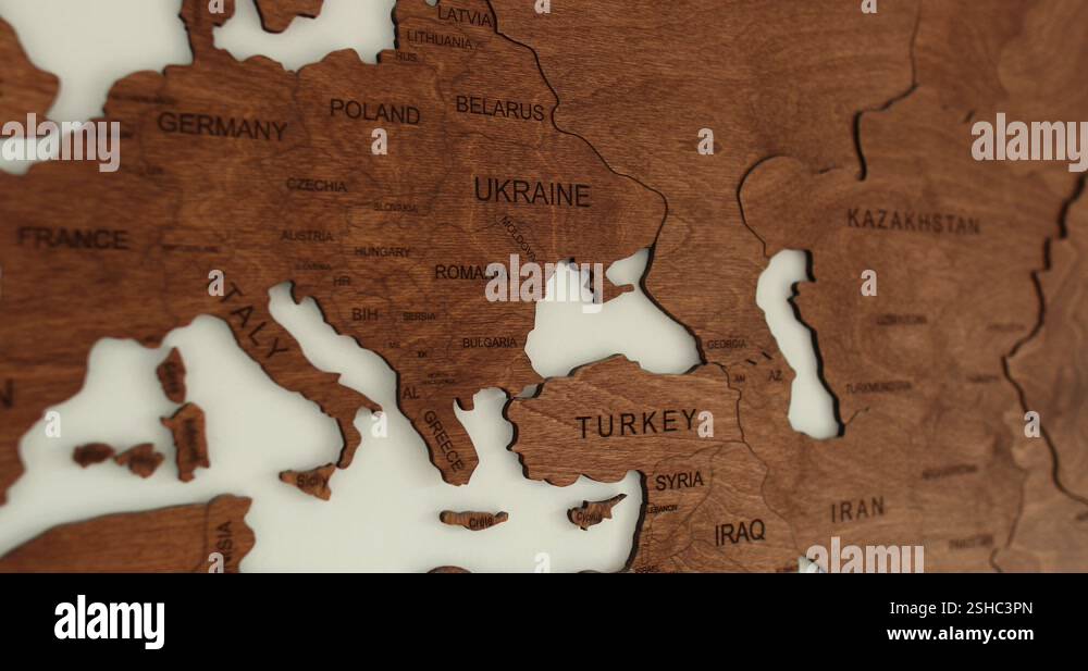 Close up of Elegant Wooden World Map in simplistic Modern Room with ...