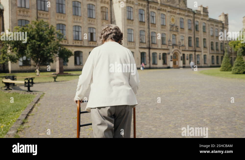 Back view of woman with disability using walking frame, senior age ...
