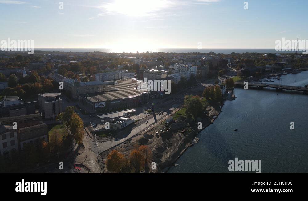 Drone footage of the beautiful city of Liepaja, Latvia, sunset, 4k ...