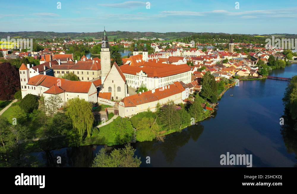 Aerial landscape of small Czech town of Telc with famous Main Square ...
