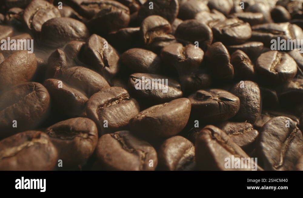 Close up of seeds of coffee. Fragrant coffee beans are roasted smoke ...