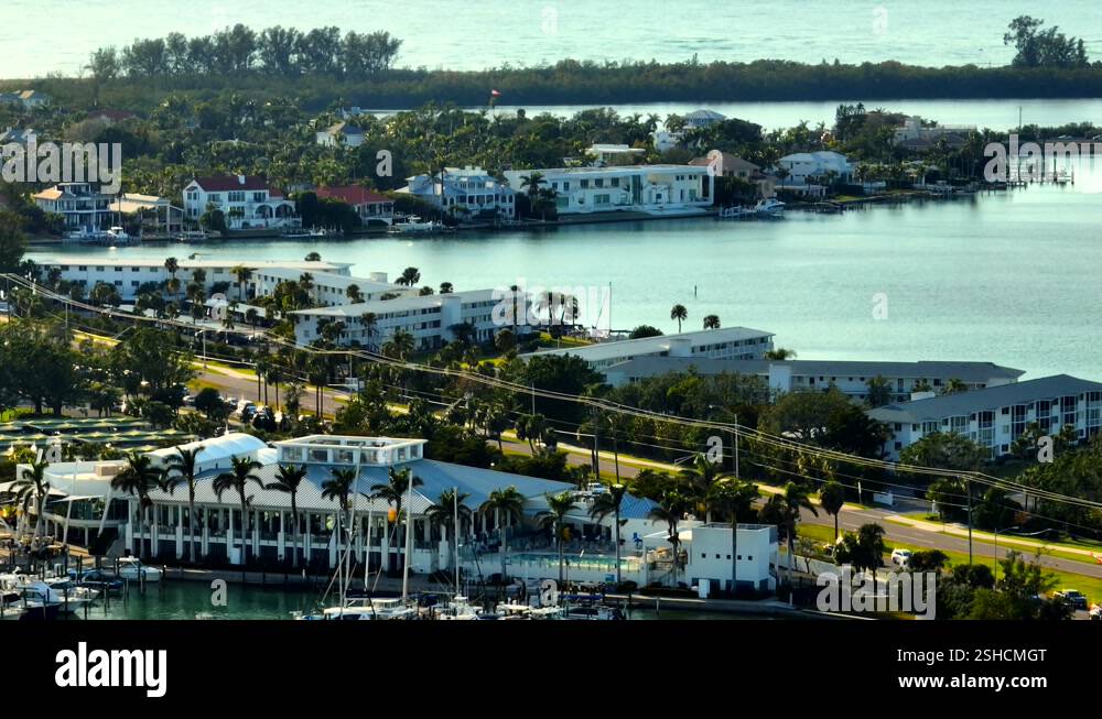 Aerial parallax video waterfront real estate Sarasota islands Florida ...