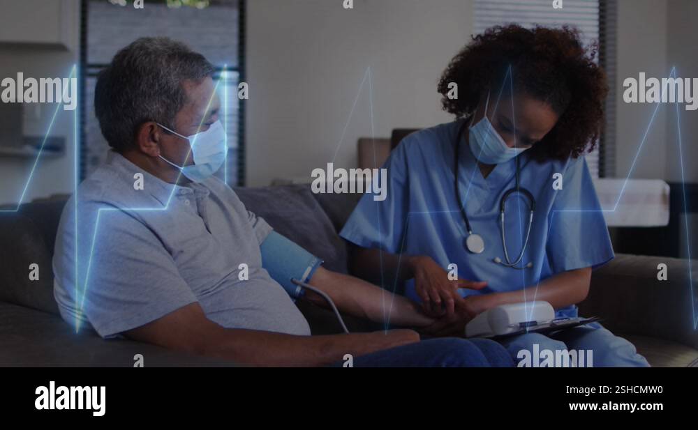 Animation of cardiogram over diverse doctor and patient measuring blood ...