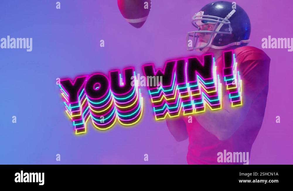 Animation of you win text over american football player on neon ...
