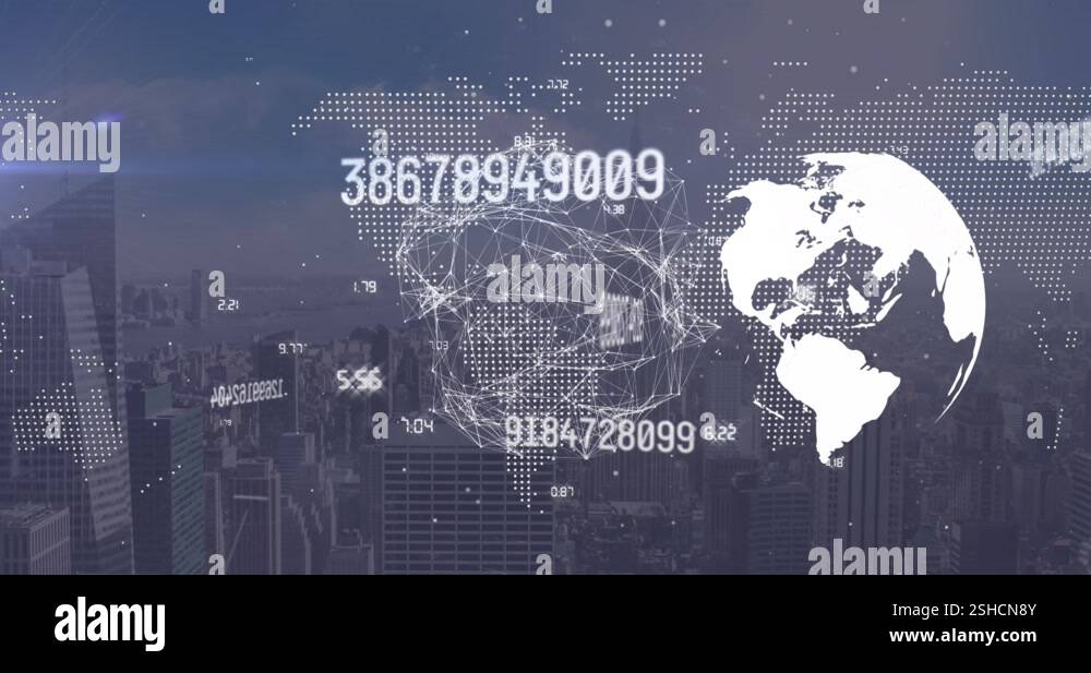 Animation of globe, map, changing numbers and connected dots over ...