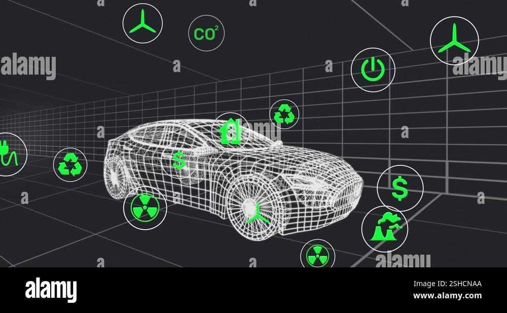 Animation of multiple digital icons over 3d car model moving in ...