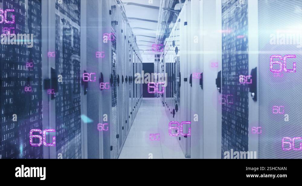 Animation of multiple 6g text against mosaic squares over computer server room Stock Video ...