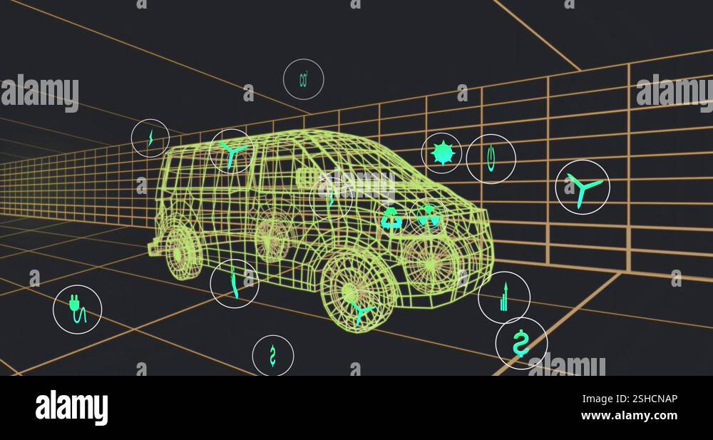 Animation of multiple digital icons over 3d van model moving in seamless pattern Stock Video ...