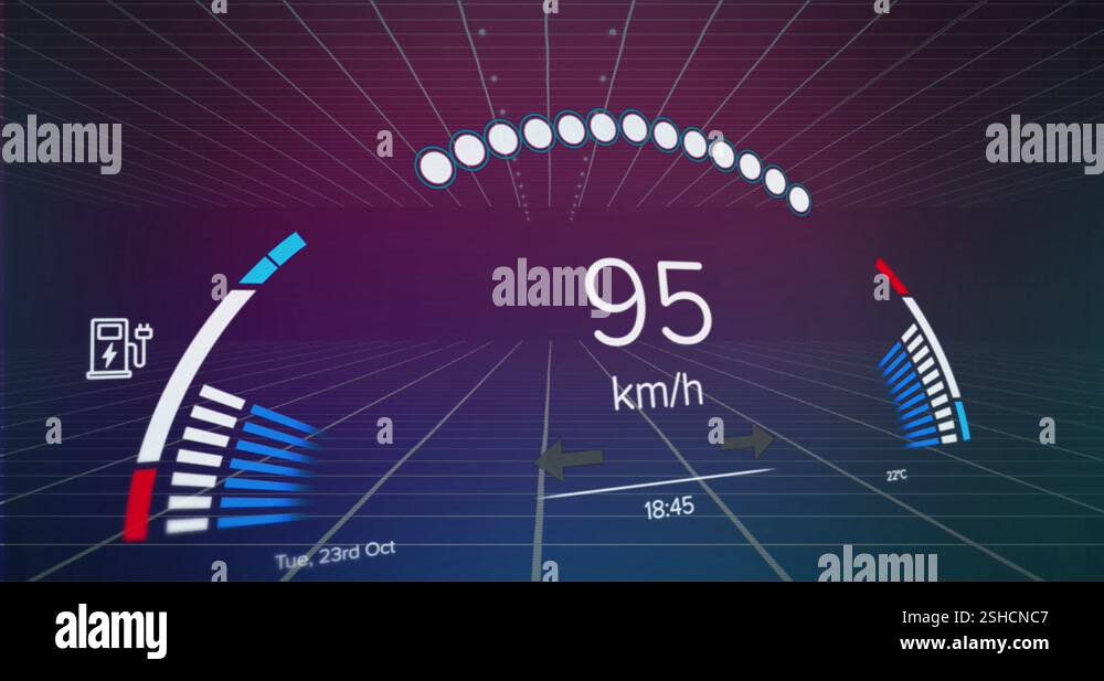 Animation of speedometer over grid network against purple gradient ...