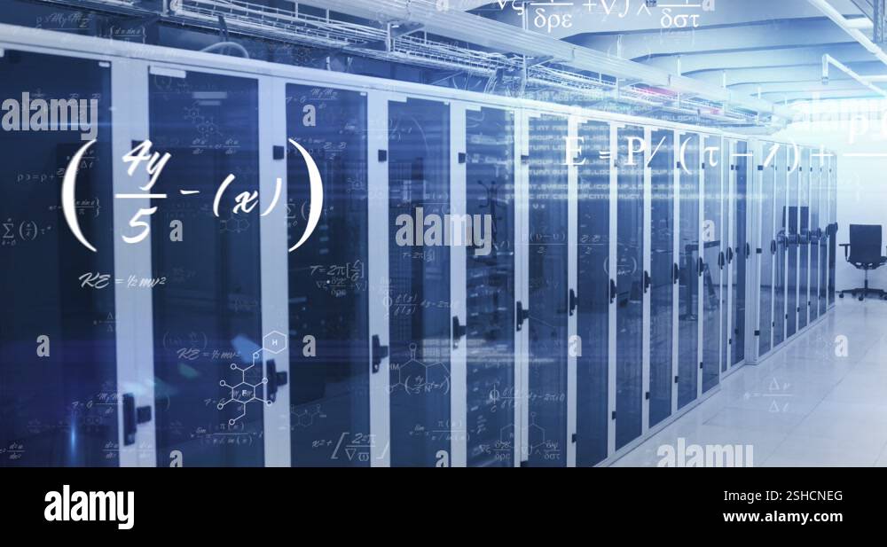Animation of mathematical equations floating against computer server ...