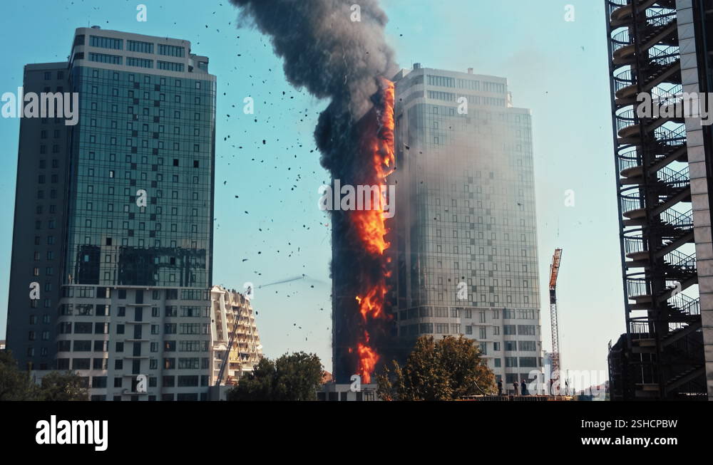 Fire, high-rise building in city,terror against civilian population.War ...