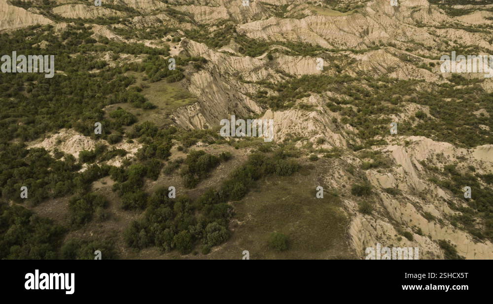 Rocky cliffs with bushes above eroded ravines in Vashlovani, Georgia ...