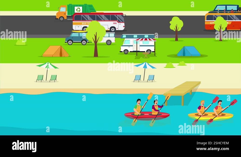 Camper van park next to a river with people rowing 2d animation in 4K ...