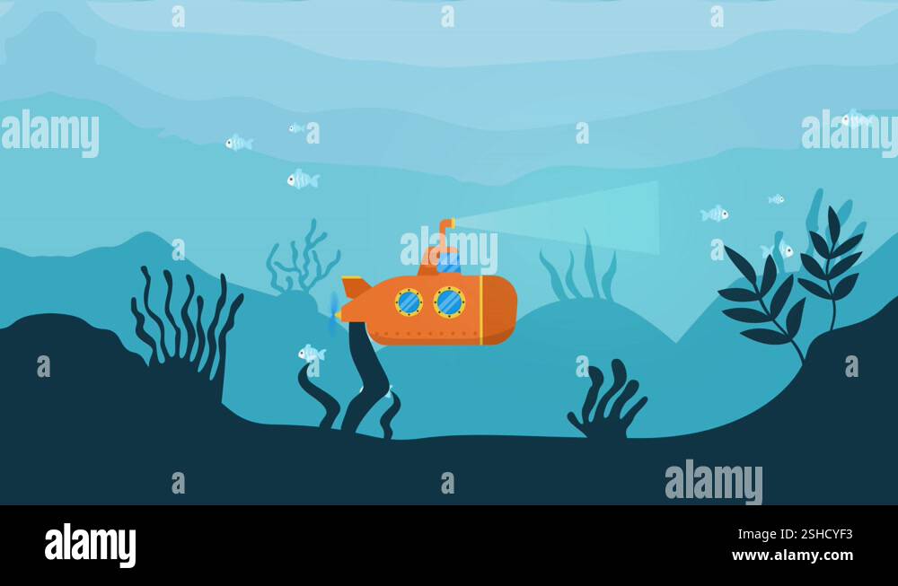 Underwater sea landscape with submarine 2d animation in 4K UHD ...