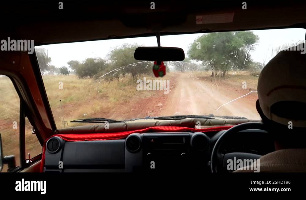 Interior view of 4x4 safari car, driving in African Savannah during ...