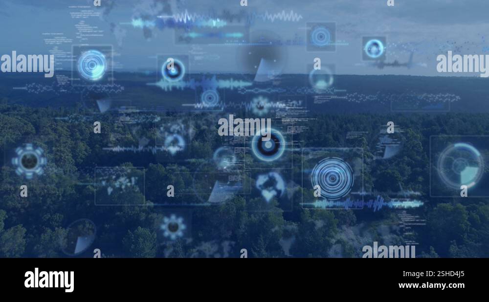 Animation of data processing with scope scanning over landscape Stock ...
