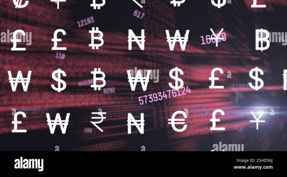 Animation of currency symbols with changing numbers and computer ...