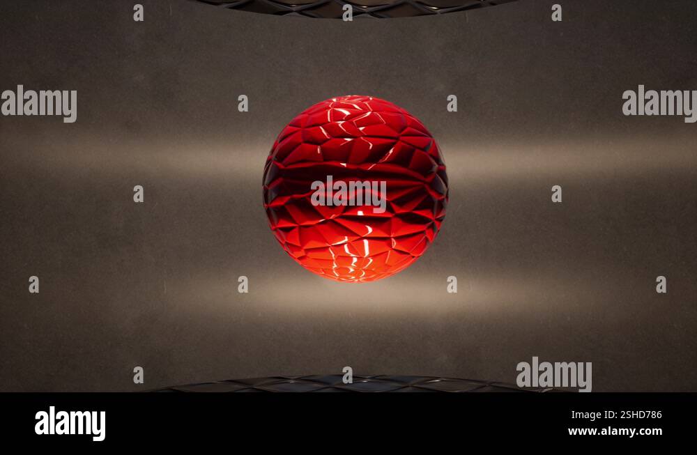Red glossy sphere rotating slowly in the air, inside minimal space ...