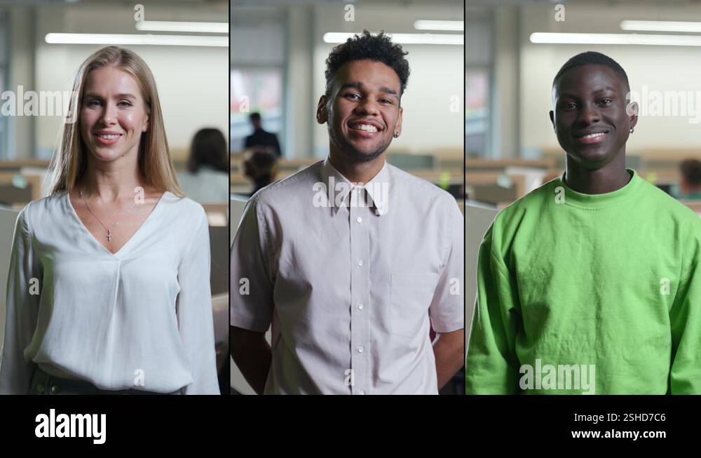 Split screen, portraits of office workers of different races and ...
