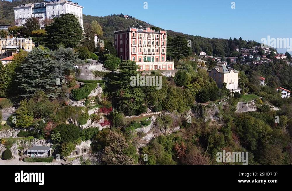 Iconic buildings of Brunate town in Italy, aerial drone view Stock ...
