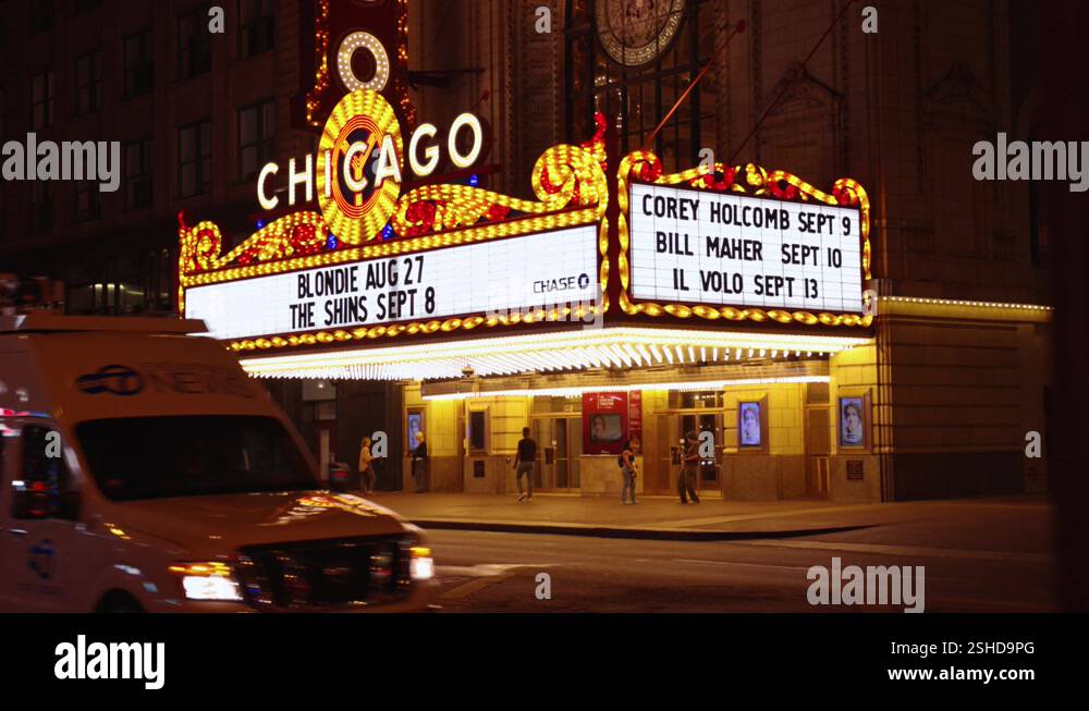 Old Chicago movie theatre flashing gold lights displaying cinema showtimes Stock Video Footage ...