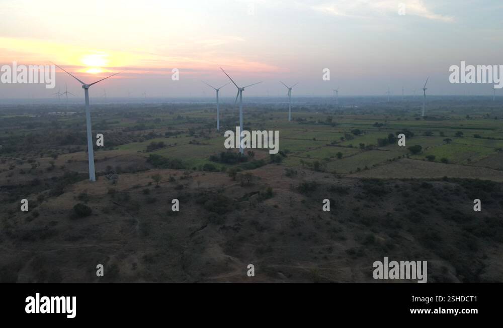 sunrise early morning wind turbine bird-eye closeup view jath ...