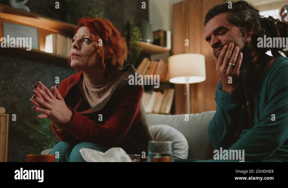 Worried couple thinks and feels depressed during a visit to a mental ...