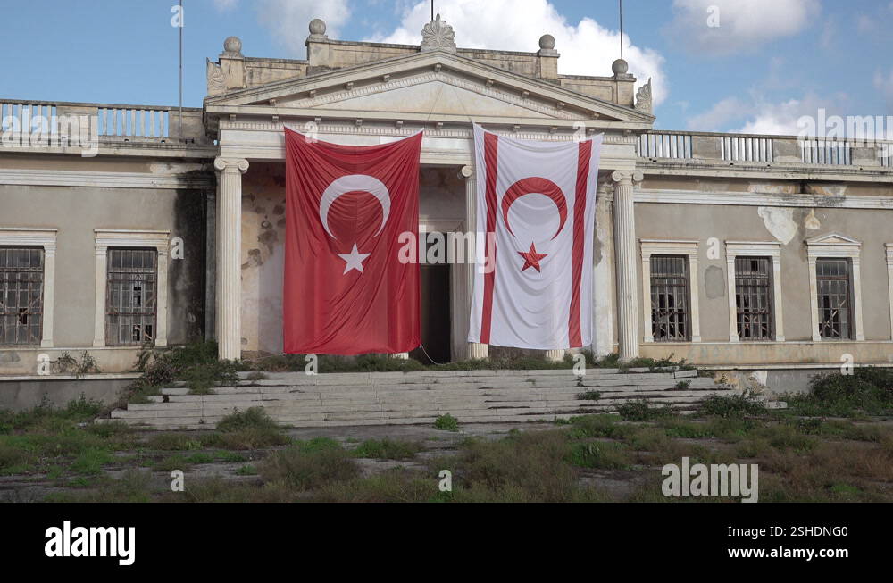 Northern Cyprus nationalism and politics, flags on abandoned government ...