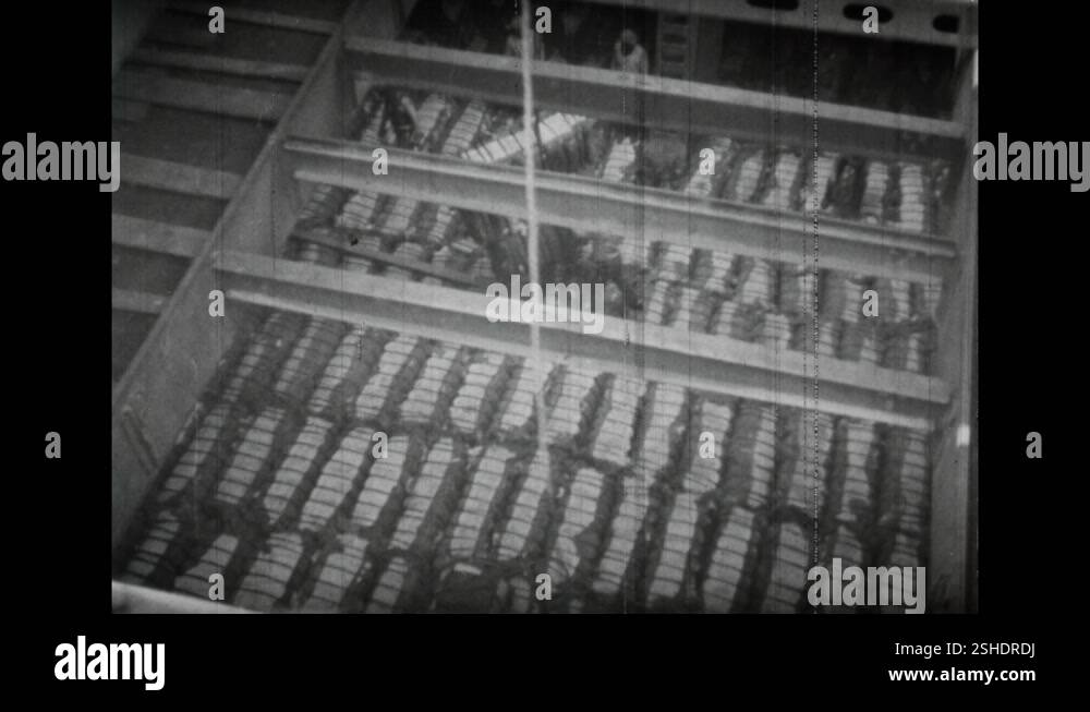 1940s: Cranes drag and lower bales of cotton into cargo hold of ship ...
